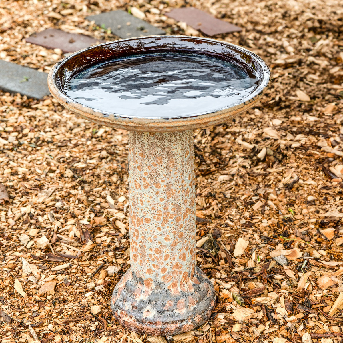 Lark Manor™ Ashik Freestanding Ceramic Outdoor Bird Bath with UV-Resistant Brown Lava Finish ...
